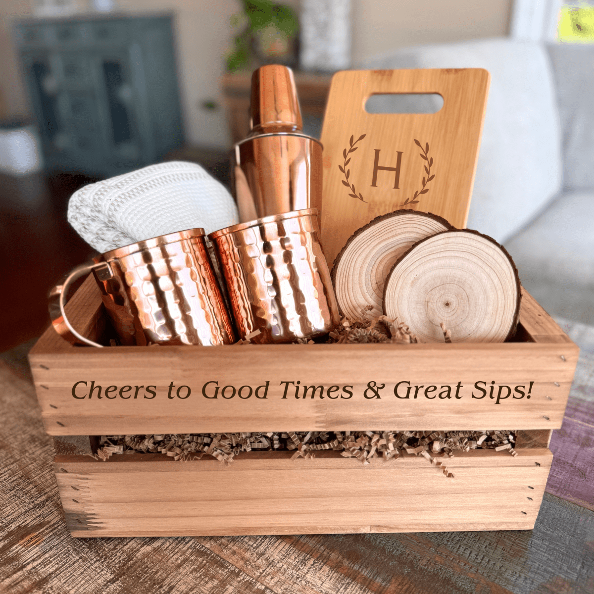 Personalized Copper Mule Gift Set – Custom Engraved Basket with Mugs ...